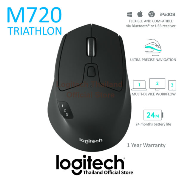 Logitech M720 TRIATHLON Multi-device Wireless / Bluetooth Mouse สีดำ ประกันศูนย์ 1ปี ของแท้